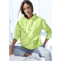 Kapuzensweatshirt ELBSAND "Elgin", Damen, Gr. M (38), gr&uuml;n (limone), angeraute Sweatware, Obermaterial: 95% Baumwolle, 5% Elasthan, unifarben, figurumspielend h&uuml;ftlang, breiter Bund, Sweatshirts Kapuzensweatshirt, mit Logostickerei, lockerer Hoodie aus elastischer Baumwolle, Topseller