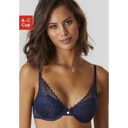 Push-up-BH s.Oliver "Amelie", Damen, Gr. 80, Cup C, blau (dunkelblau), Spitze, Obermaterial: 60% Polyamid, 35% Polyester, 5% Elasthan, BHs Push-up-BH, aus floraler, transparenter Spitze, Dessous