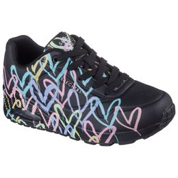 Wedgesneaker Skechers "UNO-SPREAD THE LOVE", Damen, Gr. 35, schwarz multi, Lederimitat, kontrastfarbene Details, Schuhe Wedgesneaker, Freizeitschuh, Halbschuh, Schn&uuml;rschuh mit coolem Graffiti-Print
