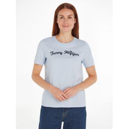 Kurzarmshirt Tommy Hilfiger "REG SCRIPT C-NK SS", Damen, Gr. S (36), blau (breezy blau), Single Jersey, Obermaterial: 100% Baumwolle, unifarben, regular fit, Rundhals, Shirts Kurzarmshirt, mit Tommy Hilfiger Script Logo-Schriftzug