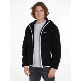 Pl&uuml;schjacke Tommy Jeans "TJM REG BADGE TEDDY ZIP TRU EXT", Herren, Gr. S, schwarz, Sweatware, Obermaterial: 100% Polyester, unifarben, regular fit normal, Rundhals, eingesetzt mit Gummizug, Jacken Pl&uuml;schjacke, Freizeitjacke, &Uuml;bergangsjacke, Teddyjacke mit Logopatch