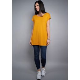 Longshirt Seidel Moden, Damen, Gr. 54, braun (messing), Jersey, Obermaterial: 95% Viskose, 5% Elasthan, unifarben, normal Po-bedeckend, Rundhals, angeschnitten abgesteppte Kante, Shirts Longshirt, MADE IN GERMANY
