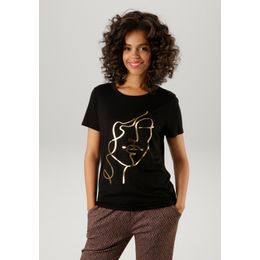 T-Shirt Aniston CASUAL, Damen, Gr. 40, gold (schwarz, goldfarben), Single Jersey, Obermaterial: 95% Viskose, 5% Elasthan, Glitzermuster, bedruckt, figurumspielend h&uuml;ftbedeckend, Rundhals, Shirts T-Shirt, mit abstraktem Gesicht aus gl&auml;nzendem Folienprint, Topseller