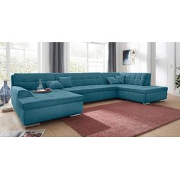 Wohnlandschaft DOMO collection "Aversa U-Form", blau (t&uuml;rkis), B:364cm H:83cm T:201cm, Luxus-Microfaser (100% Polyester);Struktur (100% Polyester);Struktur weich (100% Polyester), Sofas, Wohnlandschaft, wahlweise mit Bettfunktion, frei im Raum stellbar