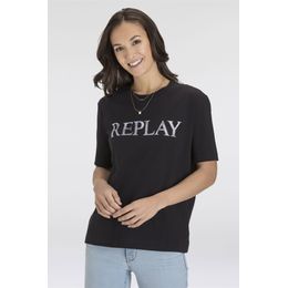 T-Shirt Replay, Damen, Gr. M, schwarz, Single Jersey, Obermaterial: 100% Baumwolle, Rundhals, abgesteppte Kante, Shirts T-Shirt, mit Markenprint vorne
