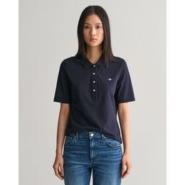 Poloshirt Gant "SLIM SHIELD KA PIQUE POLO", Damen, Gr. XS, blau (evening blau), Piqu&eacute;, Obermaterial: 100% Baumwolle, unifarben, Basic, slim fit h&uuml;ftlang, hoch geschlossener Ausschnitt, Rippb&uuml;ndchen, Shirts Poloshirt, mit grafischer Logostickerei auf der Brust