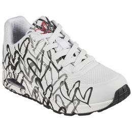 Wedgesneaker Skechers "UNO-SPREAD THE LOVE", Damen, Gr. 39, wei&szlig;, schwarz 2, Lederimitat, kontrastfarbene Details, Schuhe Wedgesneaker, Freizeitschuh, Halbschuh, Schn&uuml;rschuh mit coolem Graffiti-Print, Topseller
