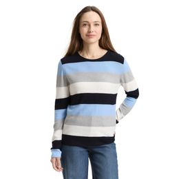 Strickpullover Tom Tailor "Otto", Damen, Gr. XS, fjord blau, Strick, Obermaterial: 60% Baumwolle, 40% Viskose, gestreift, regular fit normal, Rundhals, Rollkante, Pullover Strickpullover, mit Viskose
