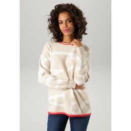 Strickpullover Aniston CASUAL, Damen, Gr. 36, beige (beige, wollwei&szlig;, rot), Strick, Obermaterial: 50% Viskose, 26% Polyamid, 24% Polyester, Jacquardmuster, gemustert, figurumspielend h&uuml;ftbedeckend, Rundhals, Rippstrickb&uuml;ndchen, Pullover Strickpullover, mit eingestrickten Aniston-Schriftz&uuml;gen, Topseller