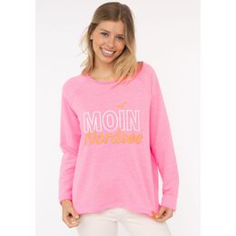 Sweatshirt Zwillingsherz "Moin Nordsee", Damen, Gr. SM (S/M), pink (neon pink), Sweatware, Obermaterial: 50% Baumwolle, 50% Polyester, unifarben mit Farbeinsatz, comfort fit h&uuml;ftlang, Rundhals, Sweatshirts Sweatshirt, mit Used-Look Kanten
