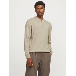 Jack & Jones Polokragenpullover JACK & JONES "JJEEMIL KNIT POLO HALF ZIP LS NOOS", Herren, Gr. L, beige (oatmeal detail:melange), Strick, Obermaterial: 60% Baumwolle, 20% Nylon, 20% Viskose, meliert, relaxed fit taillenbedeckt, ohne Ausschnitt, Rippb&uuml;ndchen, Pullover Polokragenpullover, mit Polo Kragen