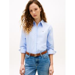 Hemdbluse Tommy Hilfiger "OXFORD RELAXED FIT SHIRT mit Hemdblusenkragen und Stickerei", Damen, Gr. 32, blau (mid blau), Web, Obermaterial: 100% Baumwolle, unifarben, relaxed fit h&uuml;ftlang, &Auml;rmel mit &Auml;rmelschlitz 1-Knopf-Manschette, Blusen Hemdbluse, Baumwolle, relaxed fit