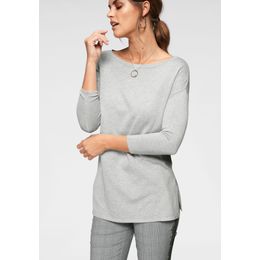 Longpullover Laura Scott, Damen, Gr. 44, grau (hellgrau, melange (), Feinstrick, Obermaterial: 70% Viskose, 30% Polyamid, meliert, unifarben, Basic, l&auml;ssig geschnitten, Rundhals, Pullover Longpullover, Feinstrick mit U-Boot Ausschnitt und seitlichem Schlitz