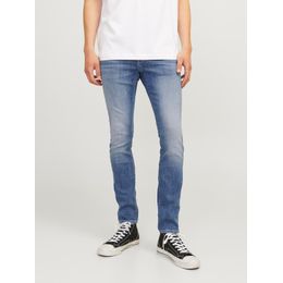 Jack & Jones Slim-fit-Jeans JACK & JONES "JJIGLENN &ndash; Jeans mit Stretch, niedriger Leibh&ouml;he und Taschen", Herren, Gr. 30, L&auml;nge 34, blau (mid blau denim), Denim/Jeans, Obermaterial: 70% Baumwolle, 28% Polyester, 2% Elasthan, Abriebeffekte, slim fit kn&ouml;chellang, Jeans Slim-fit-Jeans, Baumwollmischung, slim fit