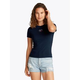 T-Shirt Tommy Jeans "TJW SLIM ESSENTIAL LOGO 2 TEE", Damen, Gr. XS (34), blau (schwarz night navy), Single Jersey, Obermaterial: 70% Baumwolle, 30% Viskose, unifarben, Basic, slim fit kurz, Rundhals, abgesteppt, Shirts T-Shirt, mit Logoschriftzug