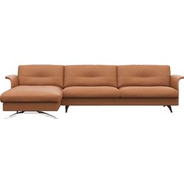 Ecksofa FLEXLUX "Glow, super bequem durch hochwertigem Sitzaufbau mit Federkern, L-Form", braun (modern cognac braun), B:305cm H:81cm T:158cm, 100% Echteder, Sofas, Ecksofa, Modernes skandinavisches Design