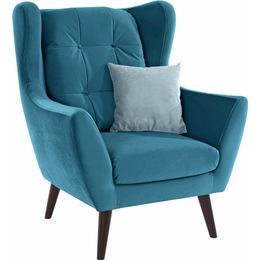 Ohrensessel Home Affaire "Hemmink, Sessel, Loungesessel", blau (petrol, hellblau), B:90cm H:107cm T:94cm, Struktur (94% Polyester, 6% Polyacryl);Samtvelours (100% Polyester);Luxus-Microfaser (100% Polyester), Sessel, Ohrensessel, mit Knopfheftung