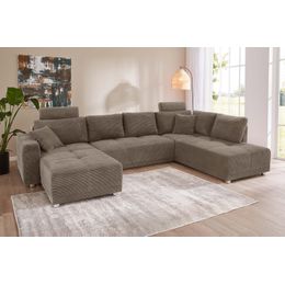Jockenh&ouml;fer Wohnlandschaft JOCKENH&Ouml;FER GRUPPE "Orlando U-Form, B: 337 cm", grau (taupe), B:337cm H:69cm T:180cm, Zierkissen: 100% Polyester;Cord (100% Polyester), Sofas, Wohnlandschaft, mit Bettfunktion, Bettkasten, 2 Kopfst&uuml;tzen & 2 Zierkissen, Federkern, Topseller