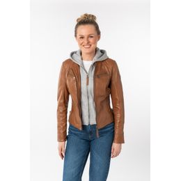 Lederjacke Mauritius "NOLA", Damen, Gr. M/38, braun (cognac), Obermaterial: 100% Schafsleder. Futter: 100% Baumwolle. Kapuze: 55% Polyester, 45% Baumwolle. &Auml;rmelfutter: 100% Polyester, kontrastfarbene Details, sehr figurbetont kurz, Rundhals, 2-Naht-&Auml;rmel mit Rei&szlig;verschluss, Jacken Lederjacke, Two-in-One Style - mit abnehmbarer Jersey-Kapuze, Topseller