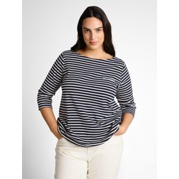 T-Shirt Tom Tailor PLUS, Damen, Gr. 46, navy blau sanftes wei&szlig; stripe, Single Jersey, Obermaterial: 97% Baumwolle, 3% Elasthan, bedruckt, gestreift, regular fit normal, U-Boot-Ausschnitt, gerader Abschluss, Shirts T-Shirt, mit Schriftzug