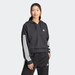 Kapuzensweatshirt adidas Sportswear "ESSENTIALS 3-STREIFEN FRENCH TERRY QUARTER-ZIP HOODIE", Damen, Gr. S, schwarz-wei&szlig; (schwarz, wei&szlig;), Obermaterial: 55% Baumwolle, 36% Polyester, 9% Viskose, angesetztes B&uuml;ndchen, Sweatshirts Kapuzensweatshirt