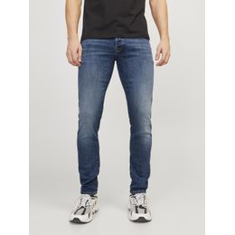 Jack & Jones Slim-fit-Jeans JACK & JONES "JJIGLENN &ndash; Jeans mit Stretch, niedriger Leibh&ouml;he und Taschen", Herren, Gr. 36, L&auml;nge 32, blau (blau denim), Denim/Jeans, Obermaterial: 80% Baumwolle, 18% Polyester, 2% Elasthan, Abriebeffekte, slim fit kn&ouml;chellang, Jeans Slim-fit-Jeans, Baumwollmischung, slim fit