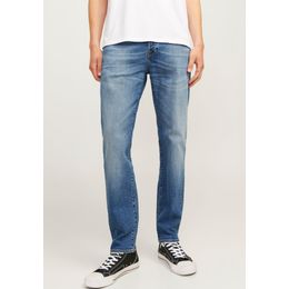 Jack & Jones Tapered-fit-Jeans JACK & JONES "JJIMIKE JJFOX CB 055", Herren, Gr. 29, L&auml;nge 32, blau (blau denim), Denim/Jeans, Obermaterial: 98% Baumwolle, 2% Elasthan, Abriebeffekte, slim fit, Jeans Tapered-fit-Jeans