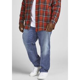 Jack & Jones PlusSize Slim-fit-Jeans "GLENN ORIGINAL", Herren, Gr. 46, L&auml;nge 32, blau (blau, denim), Denim/Jeans, Obermaterial: 70% Baumwolle, 28% Polyester, 2% Elasthan, JACK & JONES PLUSSIZE, Abriebeffekte, unifarben, schmal kn&ouml;chellang, Jeans Slim-fit-Jeans, Bis Weite 48