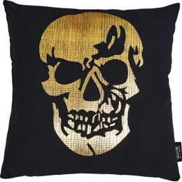 Dekokissen done. "Stone Skull", gold (goldfarben, bedruckt), B:65cm L:65cm, Baumwolle, Dekokissen_Sitzkissen_Kissenh&uuml;llen, Dekokissen, mit Totenkopf-Applikation, Kissenh&uuml;le mit F&uuml;llung, 1 St&uuml;ck