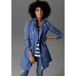 Trenchcoat Aniston CASUAL, Damen, Gr. 44, blau (rauchblau), Web, Obermaterial: 100% Baumwolle. Futter: 100% Polyester, unifarben, figurumspielend ca. Mitte Oberschenkel, verstellbar, M&auml;ntel Trenchcoat, mit G&uuml;rtel zum Regulieren