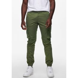 Only & Sons Cargohose ONLY & SONS "ONSCAM STAGE CARGO CUFF LIFE 6687 NOOS", Herren, Gr. 34, L&auml;nge 34, gr&uuml;n (olive night), Web, Obermaterial: 98% Baumwolle, 2% Elasthan, unifarben, l&auml;ssig geschnitten normal, Hosen Cargohose