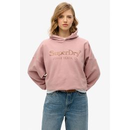 Kapuzensweatshirt Superdry "VENUE METALLIC RELAXED HOOD", Damen, Gr. S, lila (mauve), Sweatware, Obermaterial: 100% Baumwolle, bedruckt, normal taillenbedeckt, Rundhals, Rippb&uuml;ndchen, Sweatshirts Kapuzensweatshirt