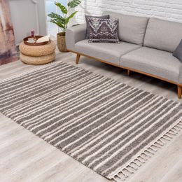 Hochflor-Teppich Carpet City "Pulpy 520" Gr. 35, grau, B:80cm H:30mm L:400cm, Kunstfaser, Teppiche, Hochflor-Teppich, besonders weich, mit Fransen, Streifen Look