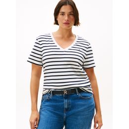 V-Shirt Tommy Hilfiger Curve "CRV SLIM CODY V-NK SS", Damen, Gr. 46, blau (breton, ecu, schwarz night navy), Single Jersey, Obermaterial: 100% Baumwolle, gestreift, slim fit normal, V-Ausschnitt, abgesteppte Kante, Shirts V-Shirt, in gro&szlig;en Gr&ouml;&szlig;en, Baumwoll-Qualit&auml;t