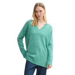 Longpullover Tom Tailor Denim, Damen, Gr. S (36), gr&uuml;n (pacific teal melange), Obermaterial: 62% Polyacryl, 25% Polyester, 10% Baumwolle, 3% Elasthan, meliert, regular fit taillenbedeckt, V-Ausschnitt, Rippb&uuml;ndchen, Pullover Longpullover, in Melange Optik