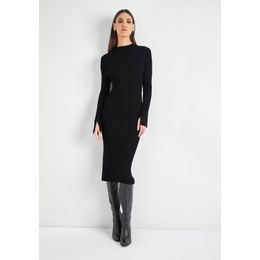 Strickkleid HECHTER PARIS, Damen, Gr. 36, N-Gr, schwarz, Rippstrick, Obermaterial: 70% Viskose, 30% Polyamid, unifarben, skinny fit wadenlang, hoch geschlossener Ausschnitt, abgerundeter Saum mit Schlitzen, Kleider Strickkleid, mit Gehschlitz