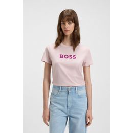 T-Shirt BOSS Orange "Elogo Premium Damenmode", Damen, Gr. L, lila (open lila 562), Jersey, Obermaterial: 100% Baumwolle, unifarben, regular fit h&uuml;ftlang, Rundhals, eingesetzt eingefasste Kante, Shirts T-Shirt, mit BOSS-Schriftzug