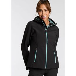 Softshelljacke Killtec, Damen, Gr. 36, schwarz, Softshell, Obermaterial: 100% Polyester, unifarben mit Farbeinsatz, hoch geschlossener Ausschnitt, eingesetzt eingefasste Kante mit Klettverschluss, Jacken Softshelljacke