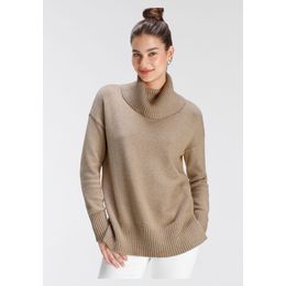 Rollkragenpullover Tamaris, Damen, Gr. 36/38, beige (sand melange), Strick, Obermaterial: 50% Viskose, 26% Polyamid, 24% Polyester, meliert, l&auml;ssig geschnitten h&uuml;ftbedeckend, Strickb&uuml;ndchen, Pullover Rollkragenpullover, in l&auml;ssiger Form mit seitlichen Schlitzen
