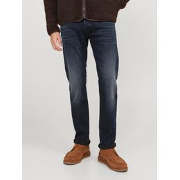 Jack & Jones Slim-fit-Jeans JACK & JONES "JJIGLENN &ndash; Jeans mit Stretch, niedriger Leibh&ouml;he und Taschen", Herren, Gr. 30, L&auml;nge 34, blau (dunkelblau denim), Denim/Jeans, Obermaterial: 80% Baumwolle, 18% Polyester, 2% Elasthan, Abriebeffekte, slim fit kn&ouml;chellang, Jeans Slim-fit-Jeans, Baumwollmischung, slim fit