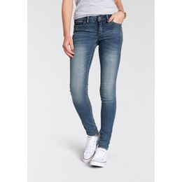 Skinny-fit-Jeans Arizona "mit Keileins&auml;tzen", Damen, Gr. 23, K + L Gr, blau (mid blau use), Denim/Jeans, Obermaterial: 76% Baumwolle, 16% Polyester, 7% Viskose, 1% Elasthan, Basic, skinny fit lang, Jeans Skinny-fit-Jeans, extra-enger Beinschnitt, niedrige Leibh&ouml;he, Topseller