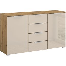 Schubkastenkommode Rauch "Sideboard Kommode Kombikommode KOLUNA mit Glasfront", eiche artisan, glas beige (champagner), B:120cm H:81cm T:42cm, Holzwerkstoff, Sideboards, Schubkastenkommode, vier gro&szlig;e Schubladen, mit insgesamt 4 Einlegeb&ouml;den MADE IN GERMANY