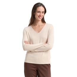 V-Ausschnitt-Pullover Tom Tailor, Damen, Gr. S (36), beige (hellbeige, meliert), Feinstrick, Obermaterial: 60% Baumwolle, 40% Viskose, unifarben, figurbetont h&uuml;ftlang, V-Ausschnitt, eng Flachstrickb&uuml;ndchen, Pullover V-Ausschnitt-Pullover, aus Feinstrick
