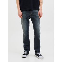 Jack & Jones Slim-fit-Jeans JACK & JONES "JJIGLENN &ndash; Jeans mit Stretch, niedriger Leibh&ouml;he und Taschen", Herren, Gr. 33, L&auml;nge 34, blau (blau, denim), Denim/Jeans, Obermaterial: 70% Baumwolle, 28% Polyester, 2% Elasthan, Abriebeffekte, slim fit kn&ouml;chellang, Jeans Slim-fit-Jeans, Baumwollmischung, slim fit