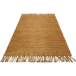 Teppich GREEN LOOOP "Marseille", braun, B:160cm H:5mm L:230cm, Jute, Teppiche, Teppich, handgewebter Juteteppich, 100 % Naturfaser, mit Fransen, Wohnzimmer
