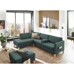 ATLANTIC HOME COLLECTION Ecksofa &raquo;Mailo L-Form&laquo; mit Seitentaschen und Ottomane, mit Massivholzf&uuml;&szlig;en gr&uuml;n