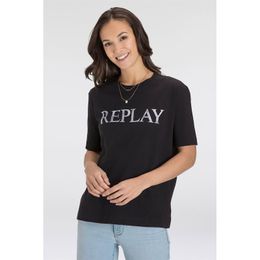 Replay Damen T-Shirt mit Markenprint vorne schwarz M