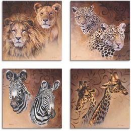 Artland Leinwandbild &raquo;L&ouml;wen Leoparden Zebra Giraffen&laquo; Wildtiere 4 Stk. tlg. 4er Set, verschiedene Gr&ouml;&szlig;en braun Leinwand, MDF