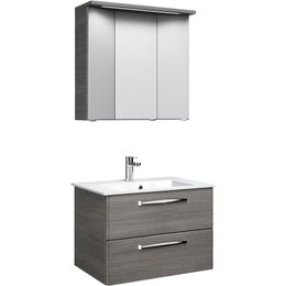 Badm&ouml;bel-Set &raquo;Trentino 2-teilig Mineralmarmor-Waschtisch mit LED-Spiegelschrank&laquo; 3 Stk. tlg. grau