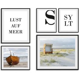 queence Bild &raquo;Sylt&laquo; Deutschland Meer Meer Bilder Schiffe Schriftzug Strand 5 Stk. tlg. gerahmt bunt Acrylglas, Holz, Papier
